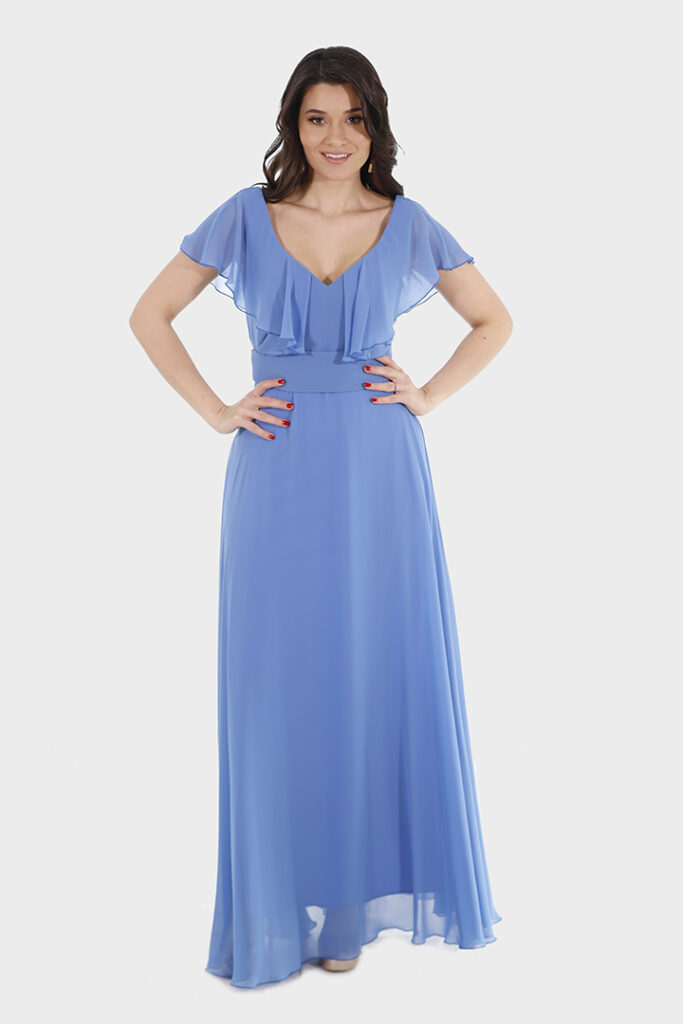 MAXI ΦΟΡΕΜΑ ΜΕ ΒΟΛΑΝ ΣΤΟ ΝΤΕΚΟΛΤΕ ΣΙΕΛ – Orosimo Fashion