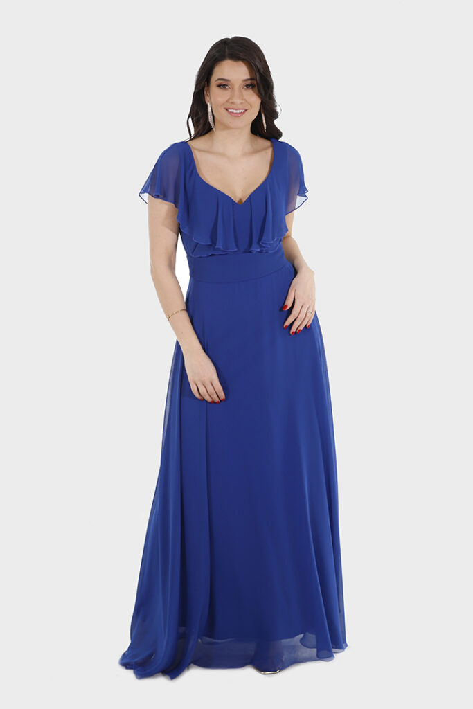 MAXI ΦΟΡΕΜΑ ΜΕ ΒΟΛΑΝ ΣΤΟ ΝΤΕΚΟΛΤΕ ΜΠΛΕ ΡΟΥΑ – Orosimo Fashion