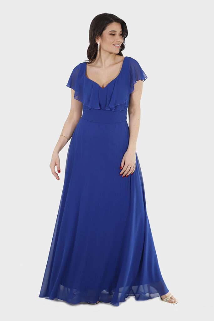 MAXI ΦΟΡΕΜΑ ΜΕ ΒΟΛΑΝ ΣΤΟ ΝΤΕΚΟΛΤΕ ΜΠΛΕ ΡΟΥΑ – Orosimo Fashion