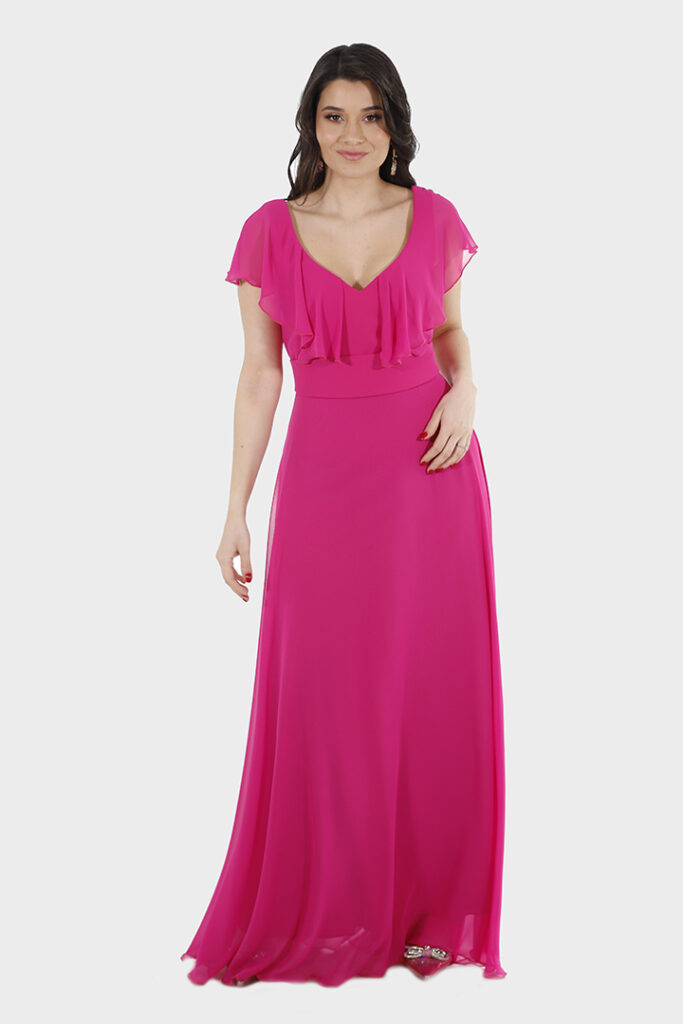 MAXI ΦΟΡΕΜΑ ΜΕ ΒΟΛΑΝ ΣΤΟ ΝΤΕΚΟΛΤΕ ΦΟΥΞΙΑ – Orosimo Fashion